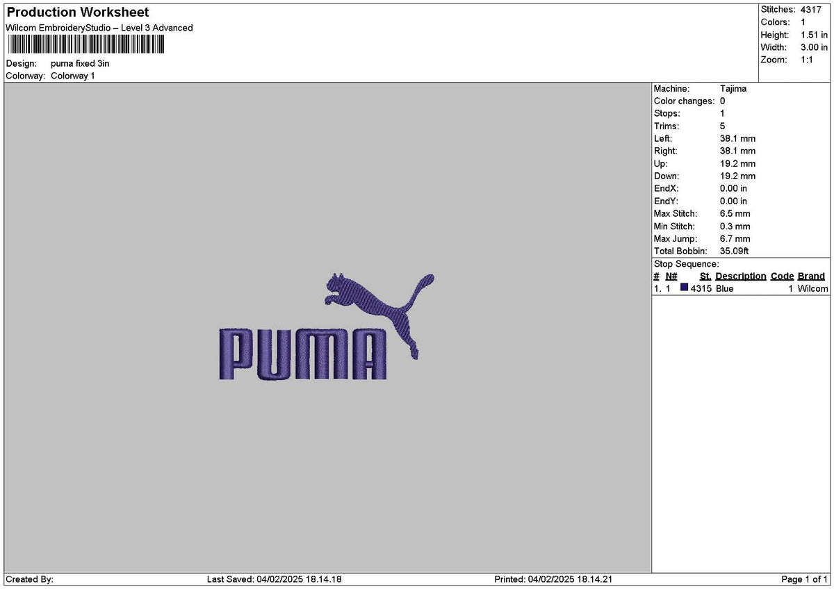 Pumatext 0102 Embroidery File 6 sizes – embroiderystores