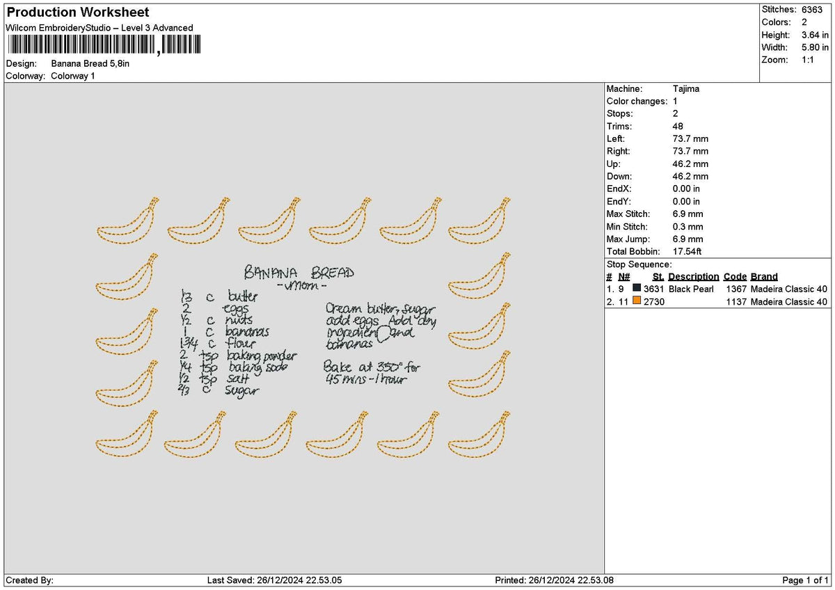 Banana Receipt Embroidery File 6 sizes – embroiderystores