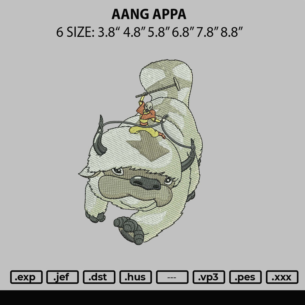 Aang Appa Embroidery File 6 sizes – embroiderystores